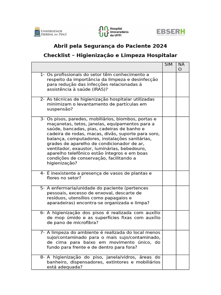Checklist de Limpeza Hospitalar 2024 | PDF