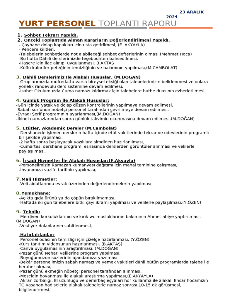 Yurt Personel Toplantısı RAPORU 23.12.2024 | PDF