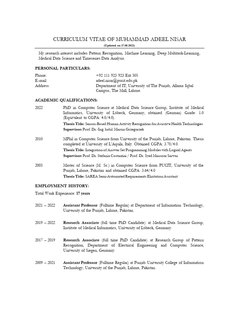 Muhammad Adeel Nisar CV 2022 | PDF | Doctor Of Philosophy | Thesis