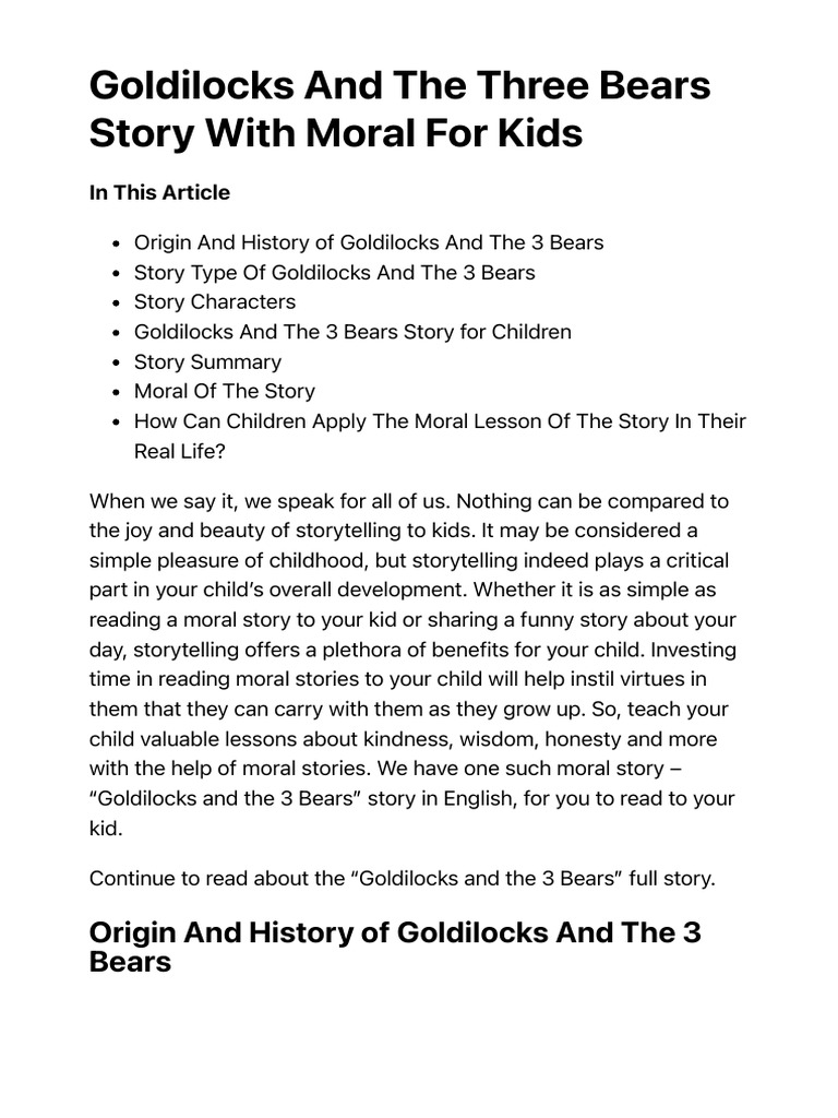 Goldilocks and The 3 Bears Story For Children With Moral | PDF ...