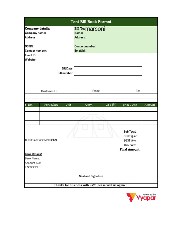 Tent House Bill Book Format Guide | PDF
