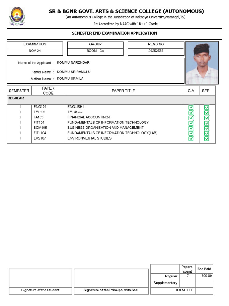 BCom-CA Semester Exam Application | PDF