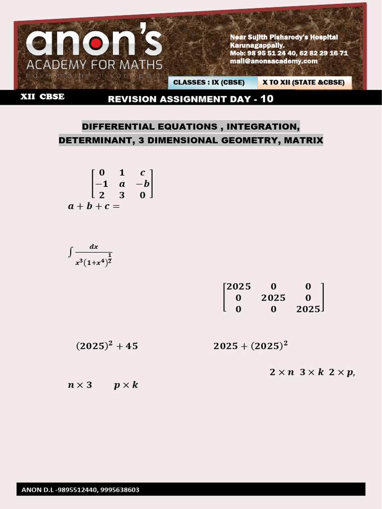 Math Revision Assignment for IX-XII | PDF | Matrix (Mathematics) | Determinant