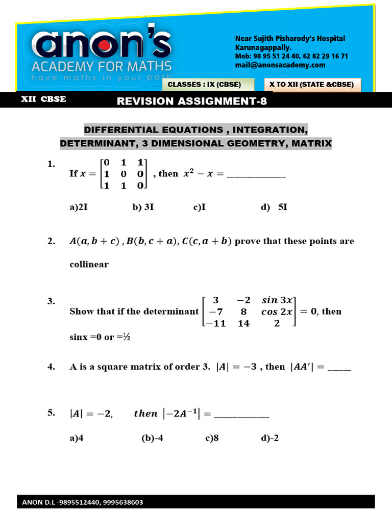 12 Cbse Revision - 8 Assign 18-12-24 | PDF | Matrix (Mathematics) | Determinant