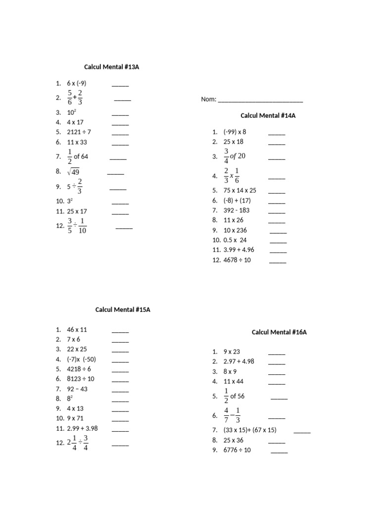 Mental Math Sheet 2A FI | PDF
