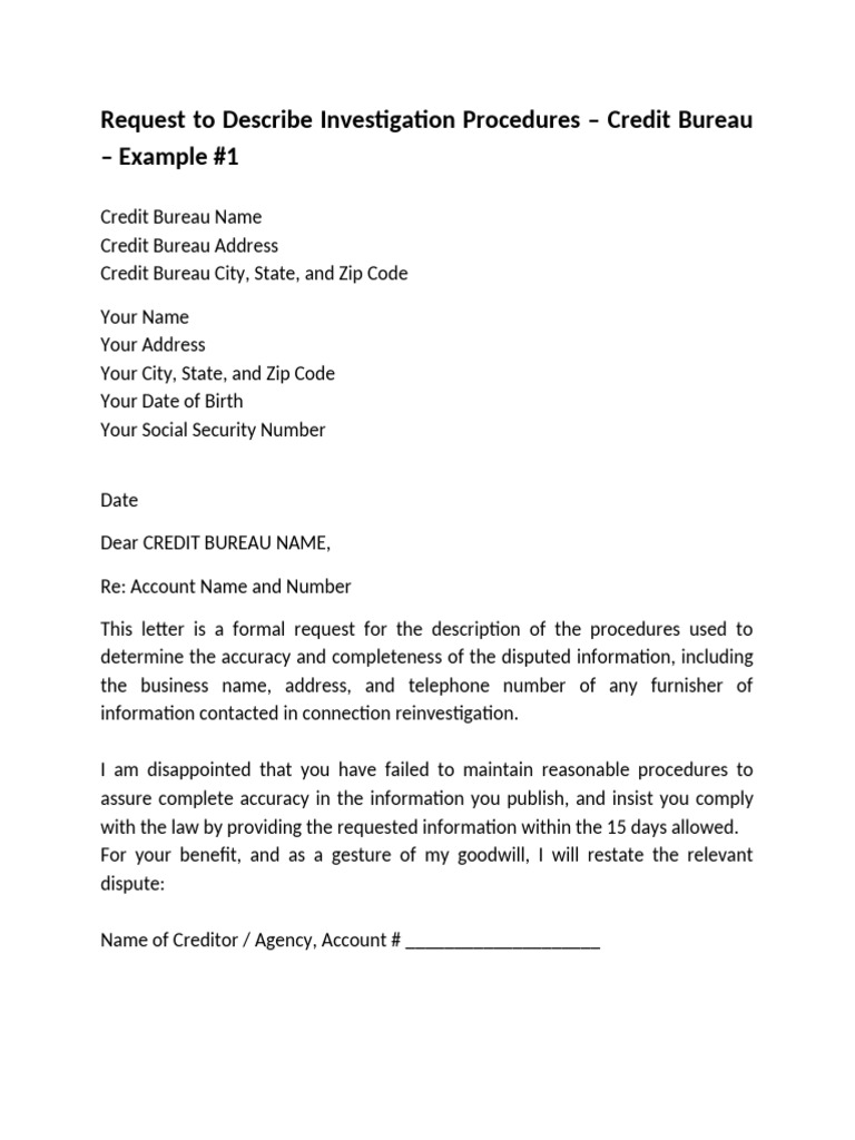 Request to Describe Investigation Procedures Credit Bureau Example 1 | PDF