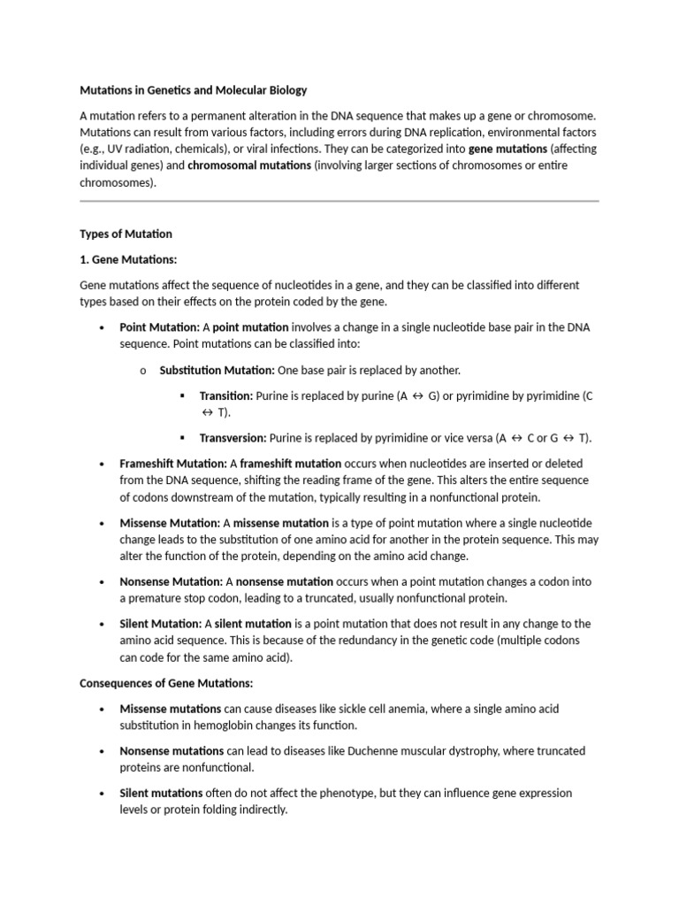 Mutations in Genetics and Molecular Biology | PDF | Point Mutation ...