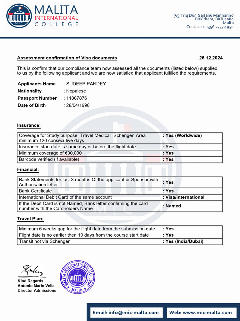 Visa Document Assessment Approval | PDF