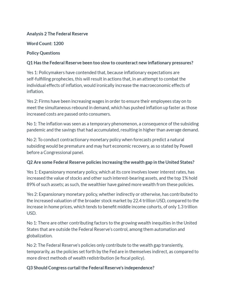 Analysis 2 The Federal Reserve | PDF | Federal Reserve | Inflation