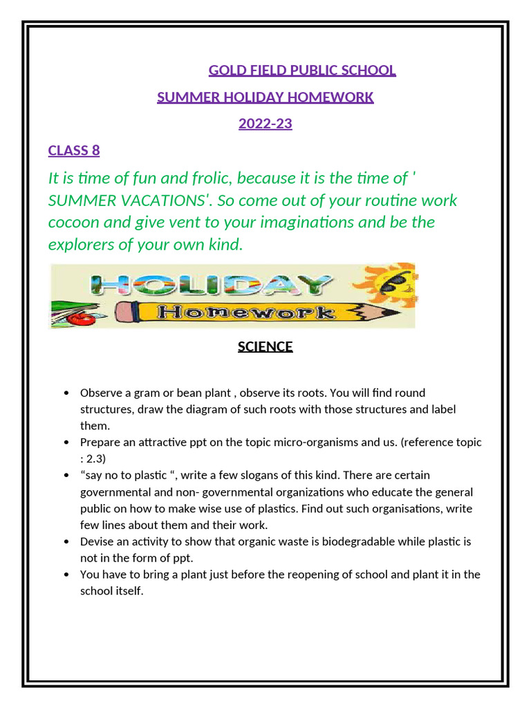 Holiday Homework Class 8 | PDF | Water | Bottled Water