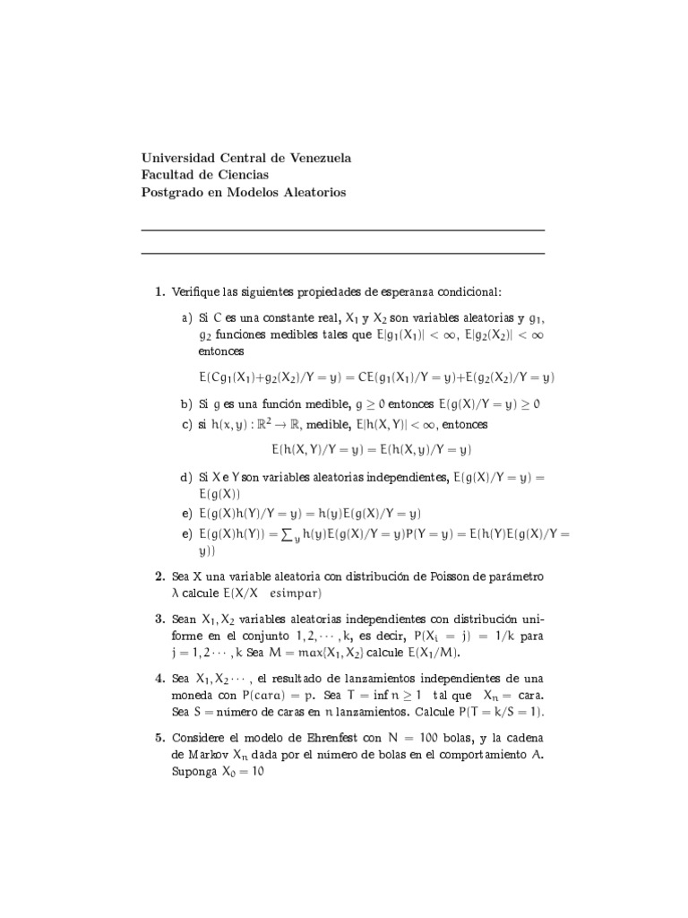 Propiedades y Ejercicios de Esperanza Condicional | PDF | Cadena Markov ...