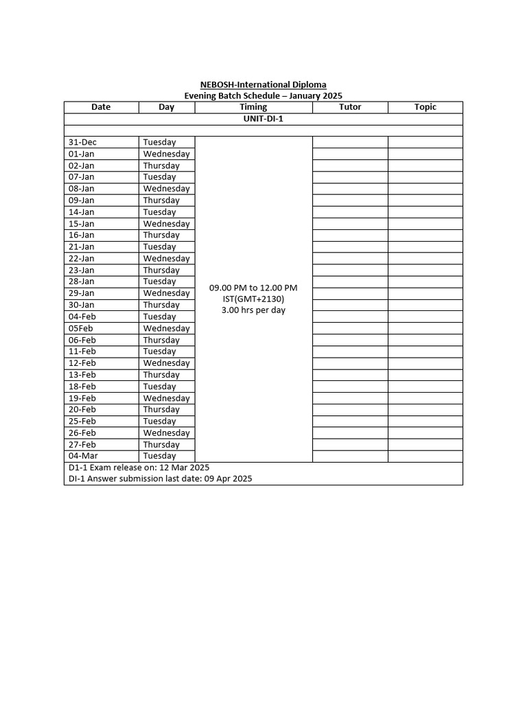 IDip_Evening Batch _ Schedule ( Jan - Jun 2025) | PDF