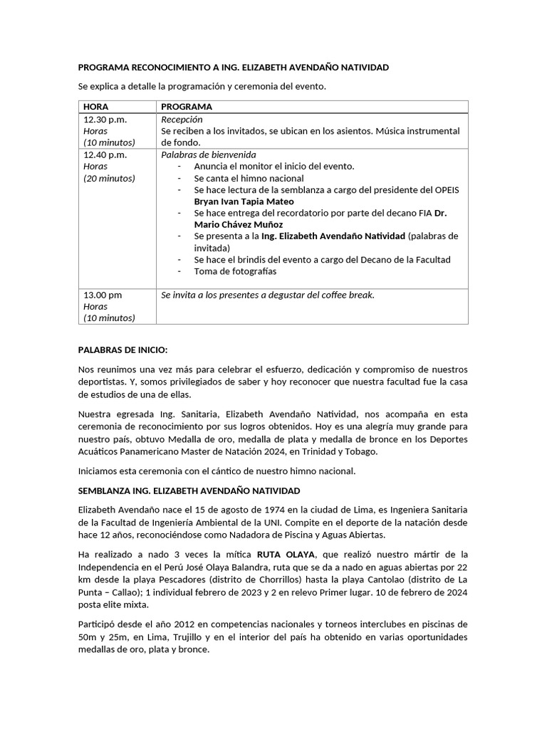 Programa Reconocimiento Ing. Elizabeth Avendaño Natividad | PDF ...
