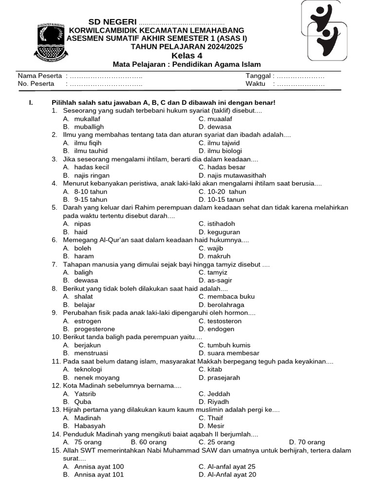 Soal Pai Kls 4 Asas SMT 1 2024 | PDF