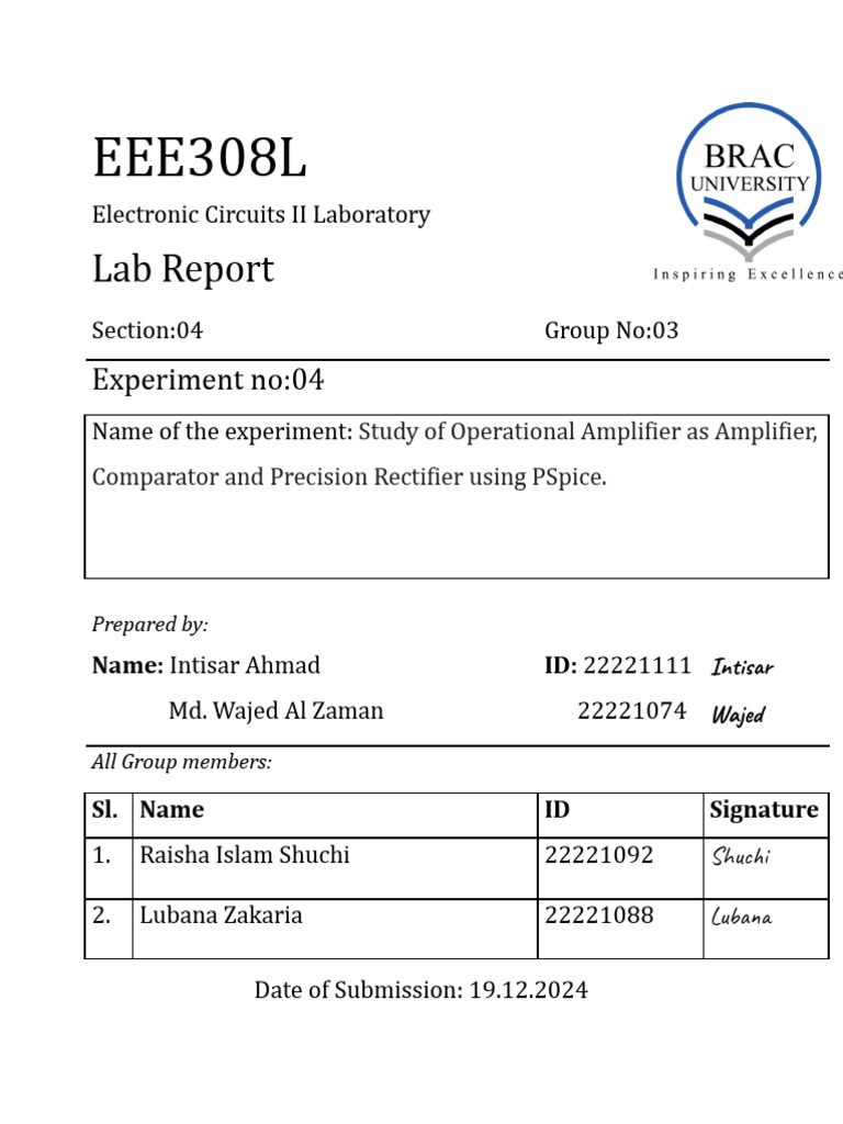 EEE308L - Sec1 - Group3 - Exp4 - Intisar Ahmad - 22221111 | PDF | Operational Amplifier | Amplifier