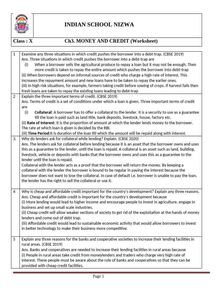 Ch3 - Money and Credit - Extra Qns & Ans | PDF | Banks | Loans