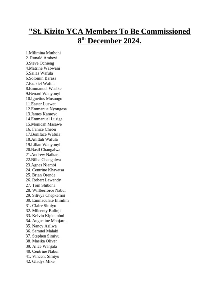 St. Kizito YCA Members Commissioning List | PDF