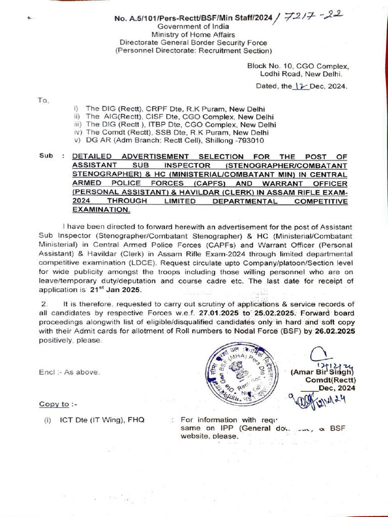 BSF 252 Posts Assistant Sub Inspector Posts Notification Application ...