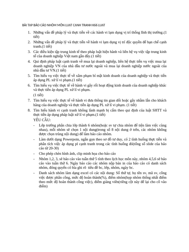 BÀI TẬP BÁO CÁO NHÓM MÔN LUẬT CẠNH TRANH K66 LUẬT | PDF