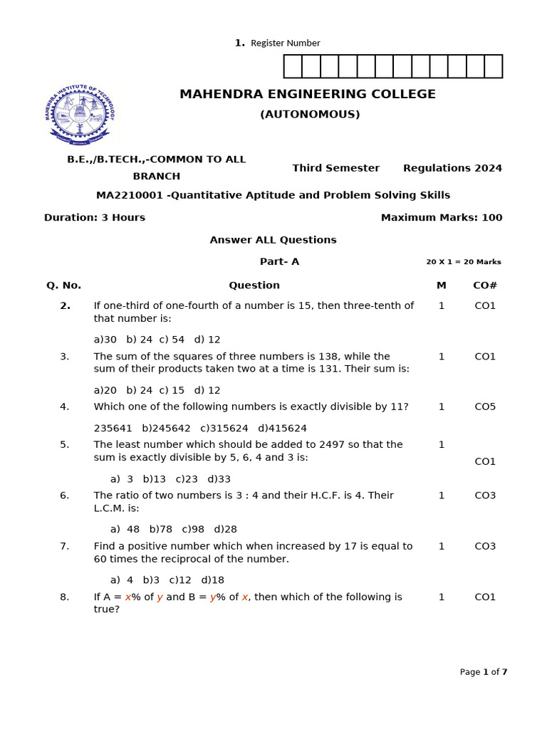 FINAL SEM APT 3rd-2024 | PDF | Mathematics