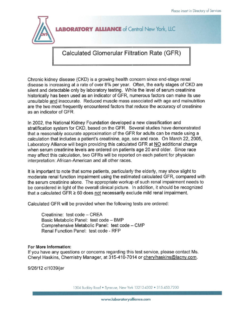 Calculated_Glomerular_Filtration_Rate(GFR)_test_bulletin | PDF