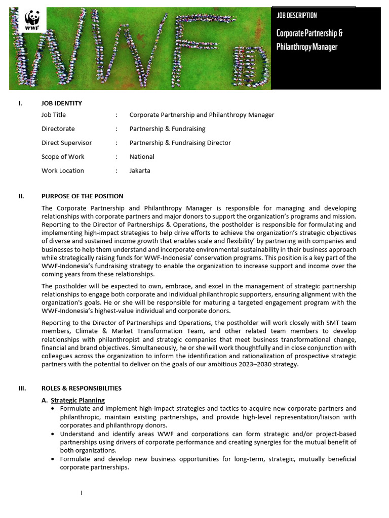 Jobdesc - Corporate Partnership and Philanthropy Manager | PDF ...