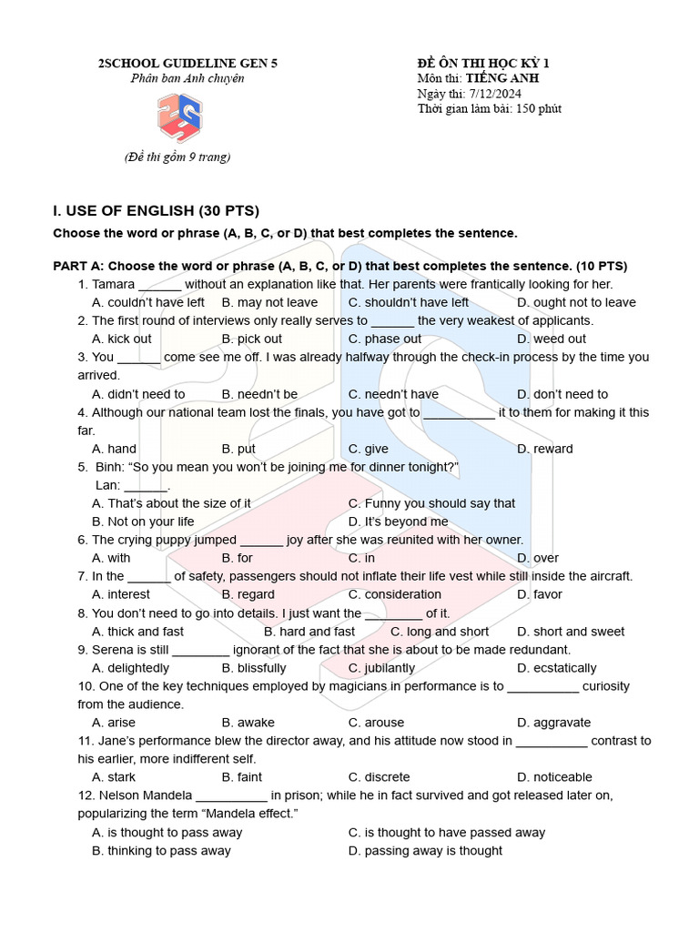 (2SG GEN 5) ĐỀ ÔN TẬP HK1 | PDF | Immune System | Innate Immune System