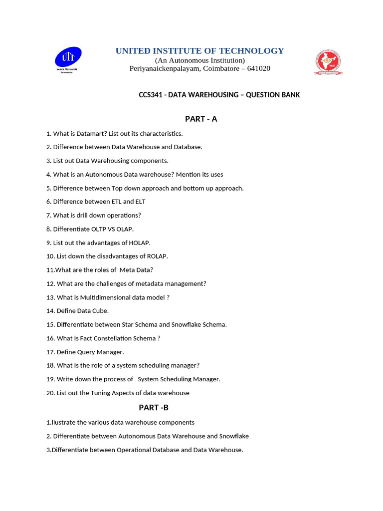 CCS341 Data Warehousing Question Bank | PDF
