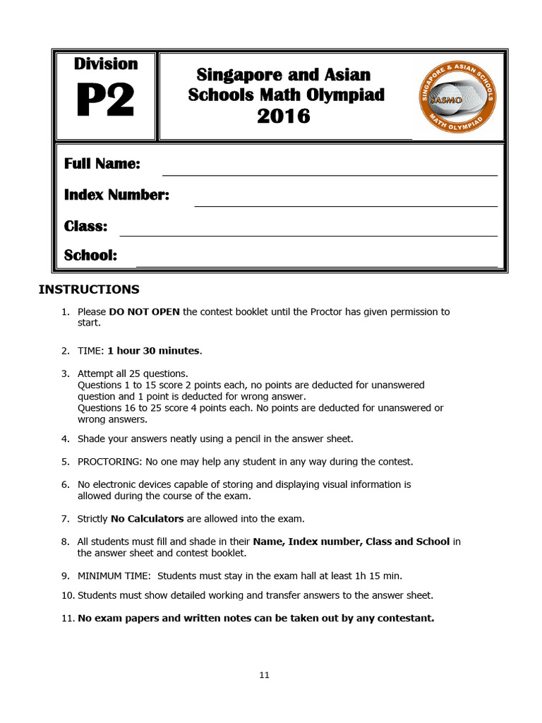 Primary 2 SASMO 2016 Booklet V2 | PDF