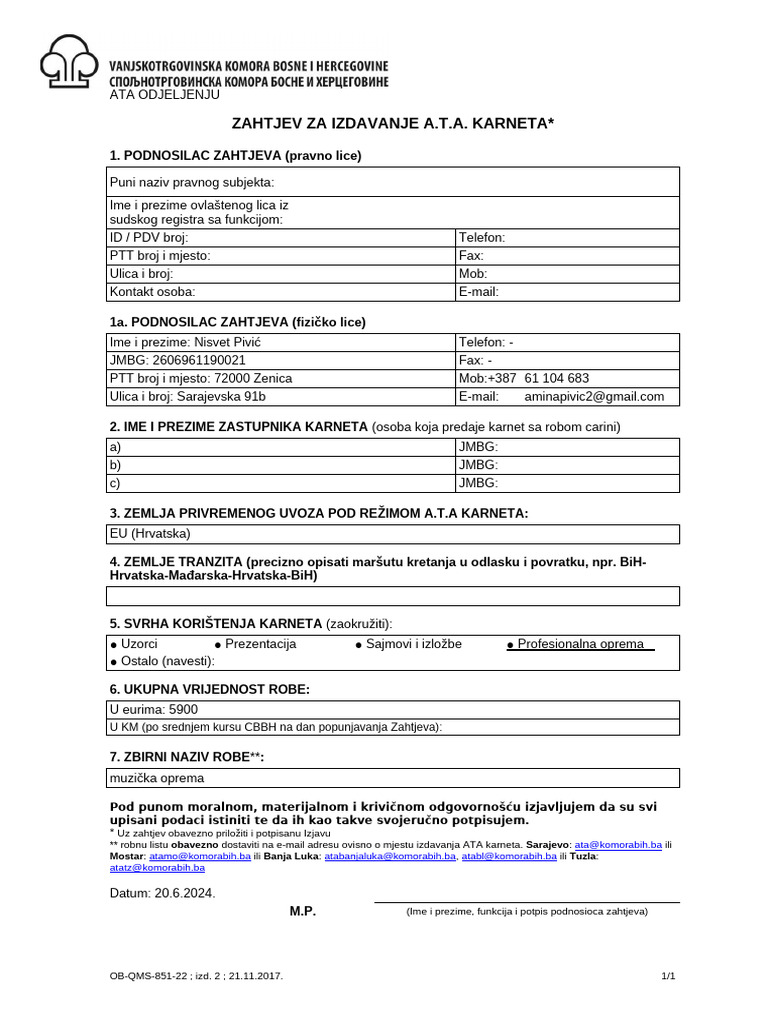 Zahtjev Za Izdavanje Ata Karneta | PDF