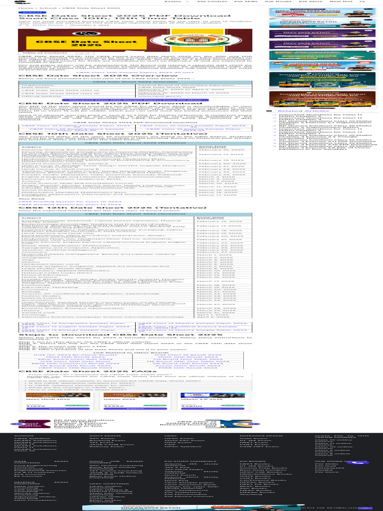 CBSE Date Sheet 2025 PDF Download Soon Class 10th, 12th Time Table | PDF