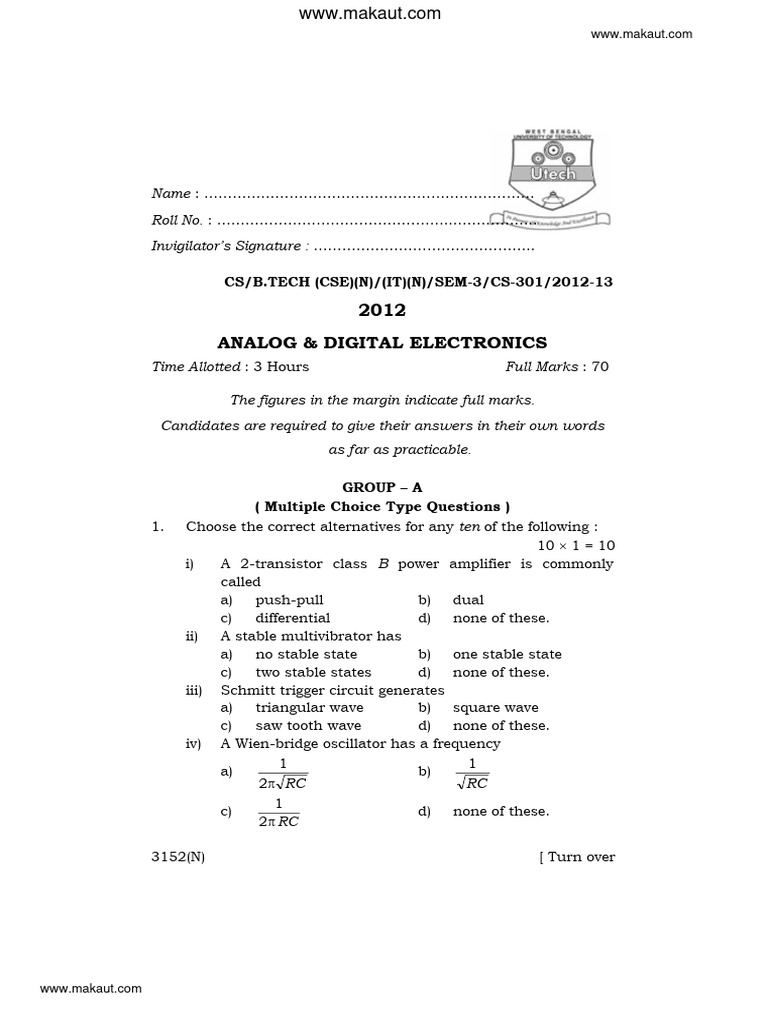 Btech Cse 3 Sem Analog and Digital Devices 2022 | PDF | Electronic Oscillator | Logic Gate