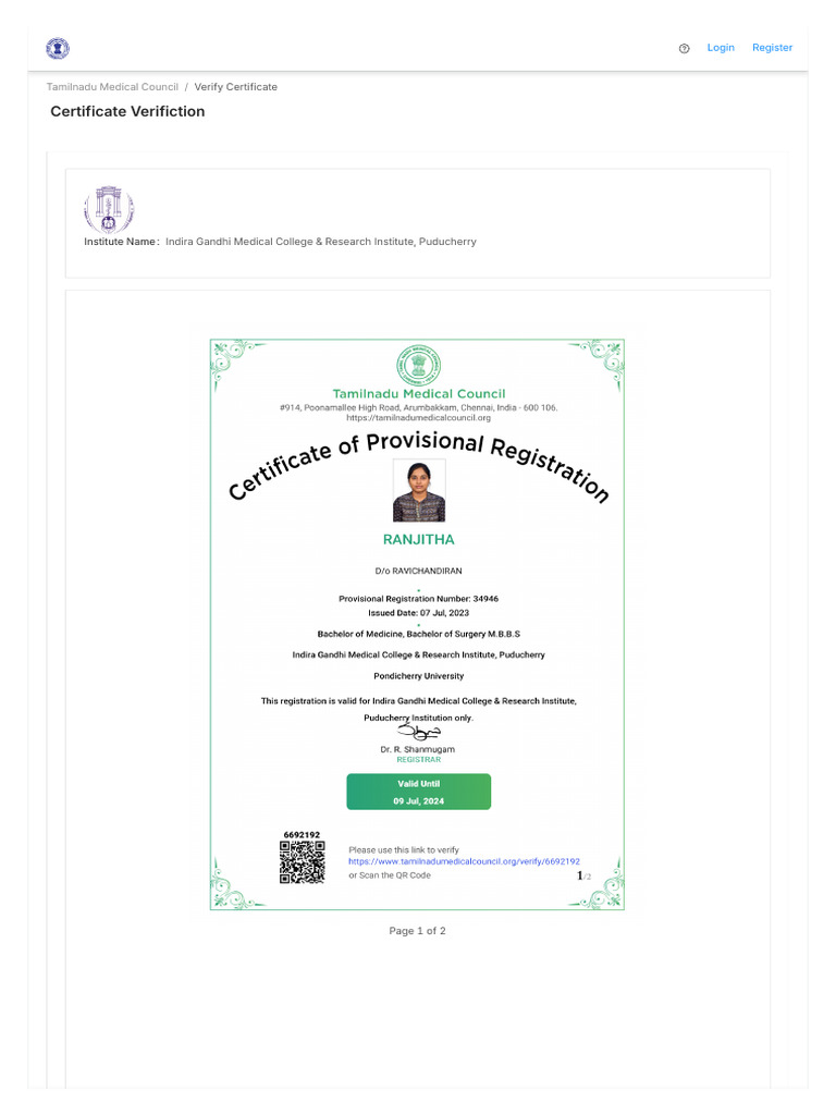 Verify Certificate - Tamilnadu Medical Council (2) | PDF