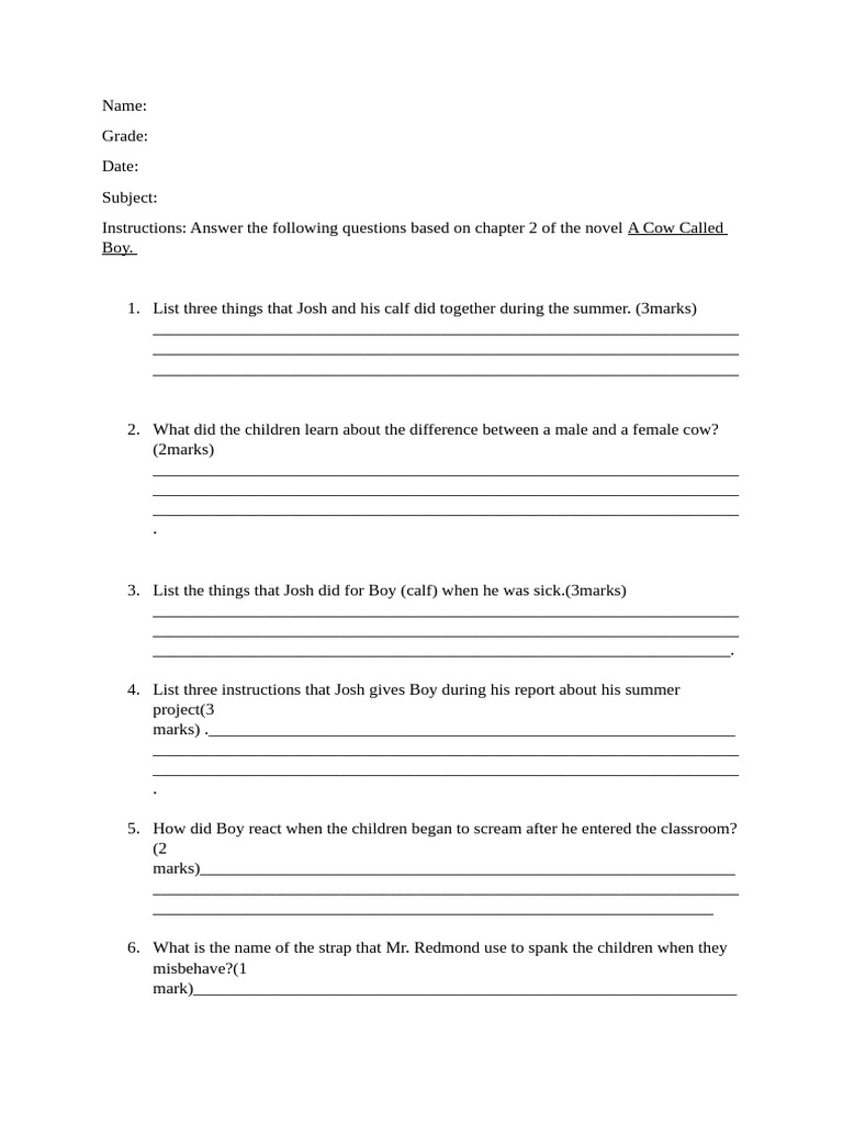 A Cow Called Boy Chapter 2 Worksheet | PDF