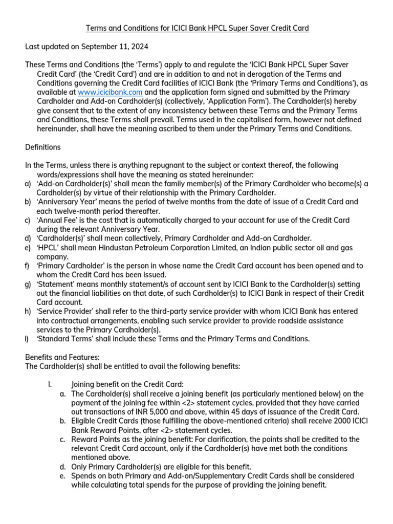 HPCL Super Saver Credit Card TNC | PDF | Credit Card | Mediation