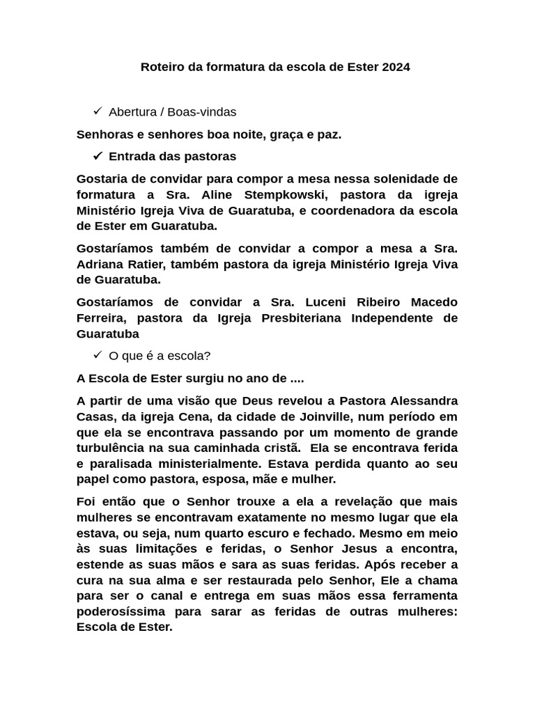 Roteiro Da Formatura Da Escola | PDF | Igreja cristã | Livro de Ester