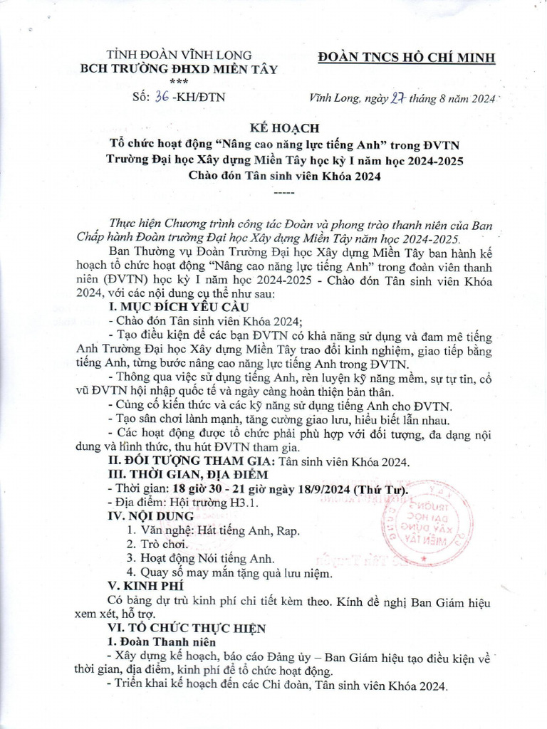 36 - Ke Hoach To Chuc Hoat Dong Nang Cao Nang Luc Tieng Anh - Chao Don Tan Sinh Vien 2024 | PDF