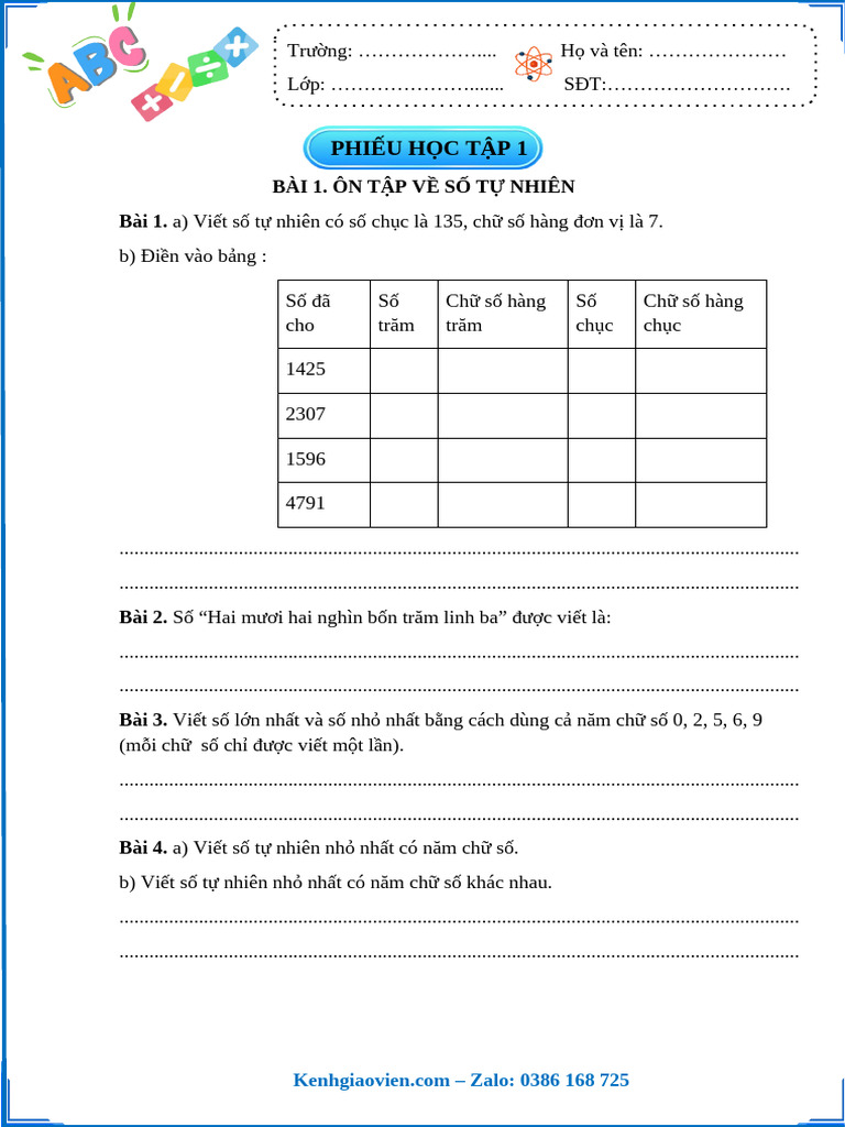 PHT Toan 5 CD Ki 1 Bai 1 On Tap Ve So Tu Nhien | PDF