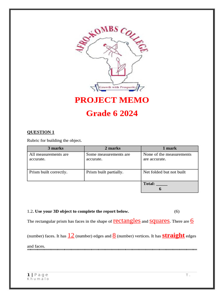 Grade 6 Project Memo Term 3 | PDF | Elementary Geometry | Linear ...