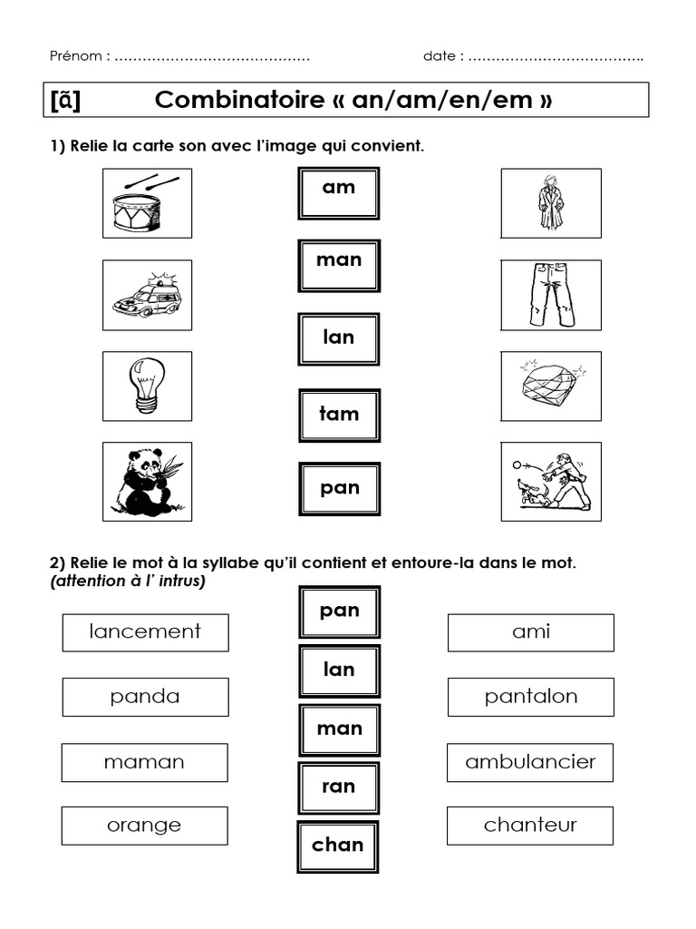 Activités sur les sons « an/am/en/em » | PDF