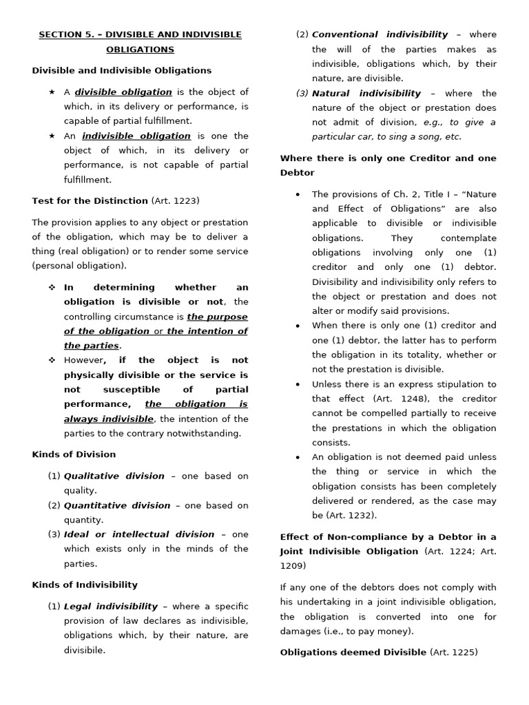 Ch. 3, Sec. 5 - Divisible and Indivisible Obligations | PDF | Creditor ...