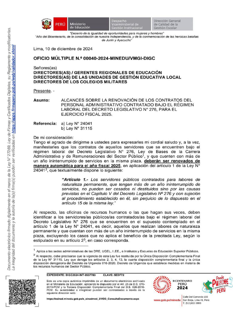 OFICIO MULTIPLE N.° 00040-2024-MINEDU-VMGI-DIGC Alcances Sobre Renovación Contrata Personal ...
