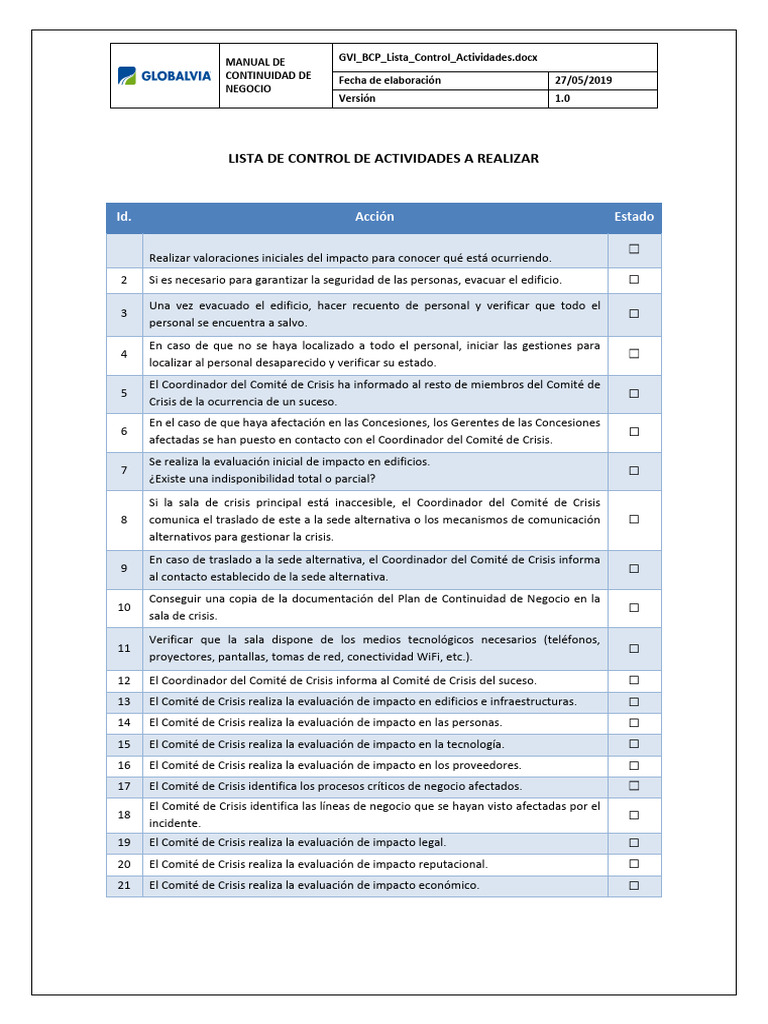 Lista de Control para Continuidad de Negocio | PDF