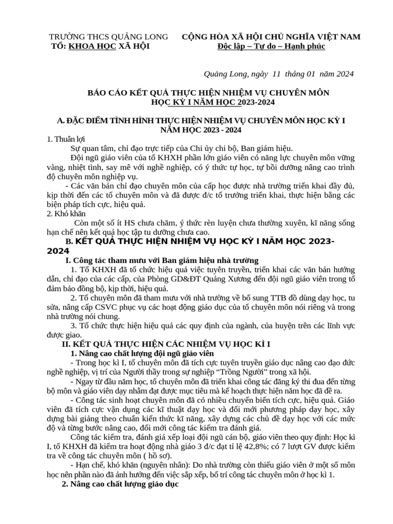 BÁO CÁO SƠ KET HỌC KÌ I - Tổ KHXH ( 2023-2024) | PDF