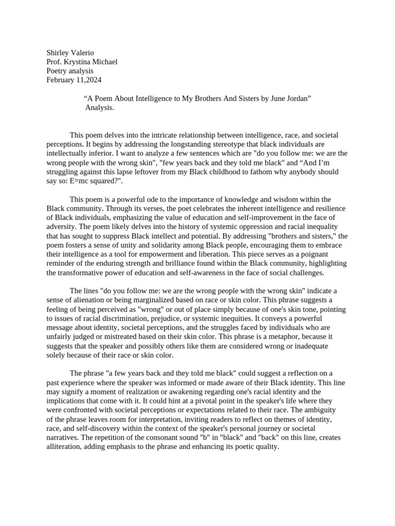 A Poem About Intelligence To My Brothers and Sisters by June Jordan ...