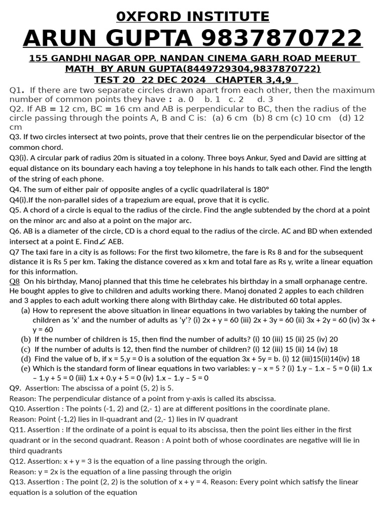 Test 20 Chap 3,4,9 22 Dec 2024 With Answer | PDF | Circle | Cartesian ...