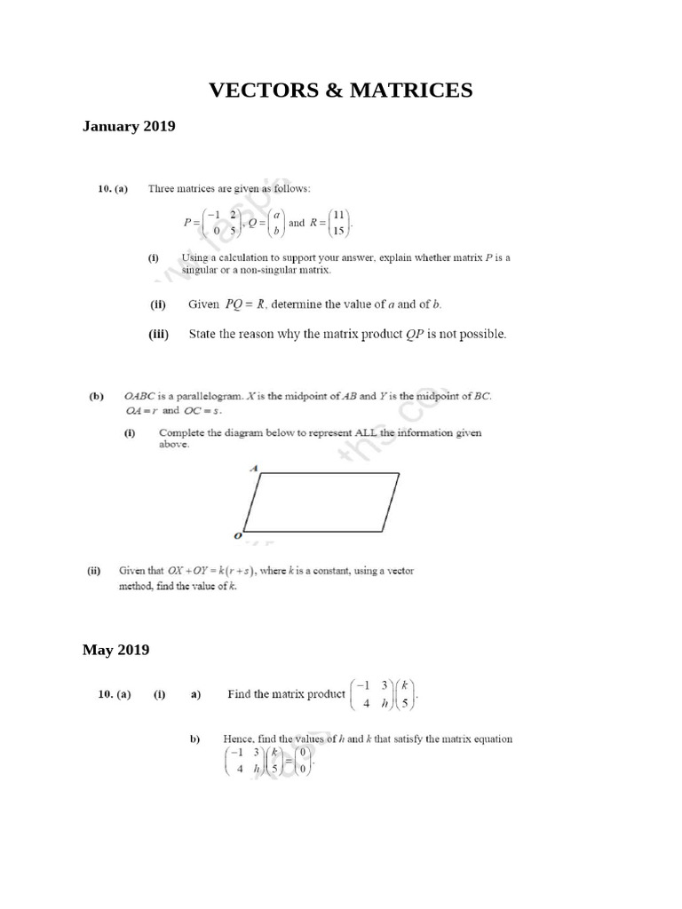 Vectors & Matrices Past Papers(2019-2023) | PDF