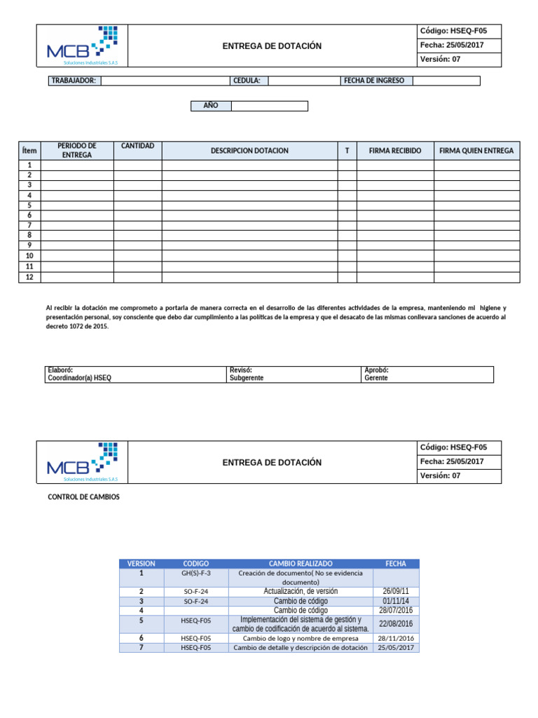 Hseq-F05 Entrega Dotación | PDF