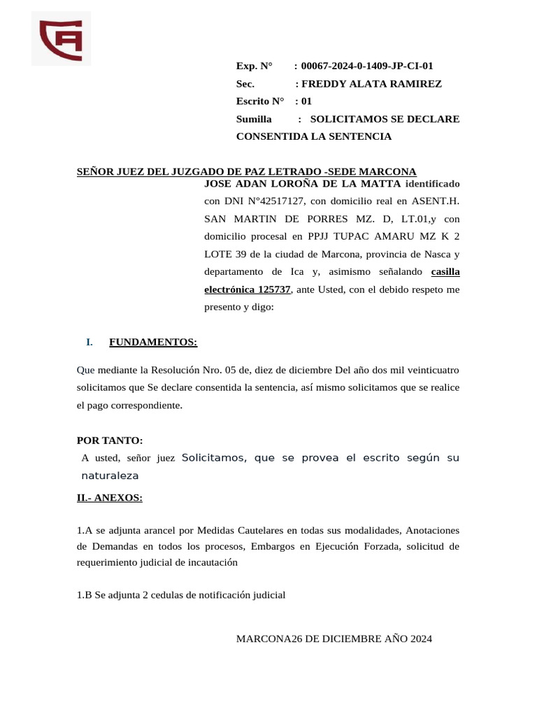 Escrito donde se solicita declarar consentida la sentencia | PDF
