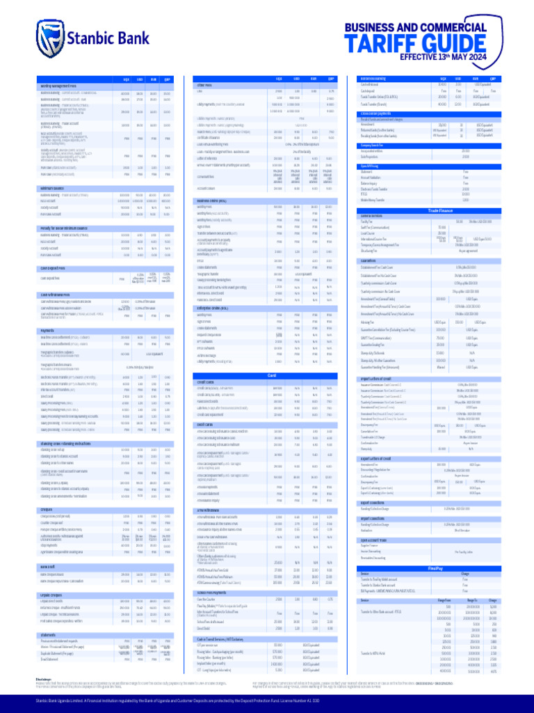 Stanbic Bank Uganda Tariff Guide 2024 | PDF | Cheque | Banks